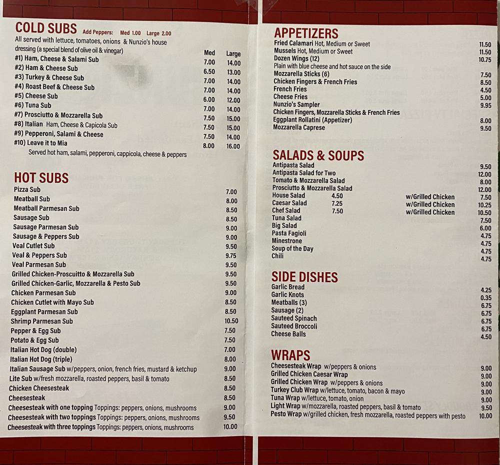 Menu at Nunzio's Pizza MX pizzeria, Scotch Plains