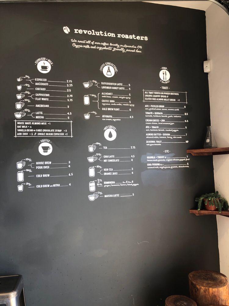 Menu at Revolution Roasters cafe, Oceanside