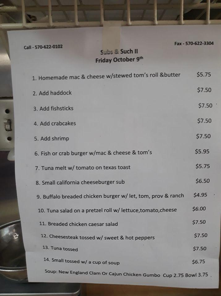 Menu at Subs N' Such restaurant, Pottsville