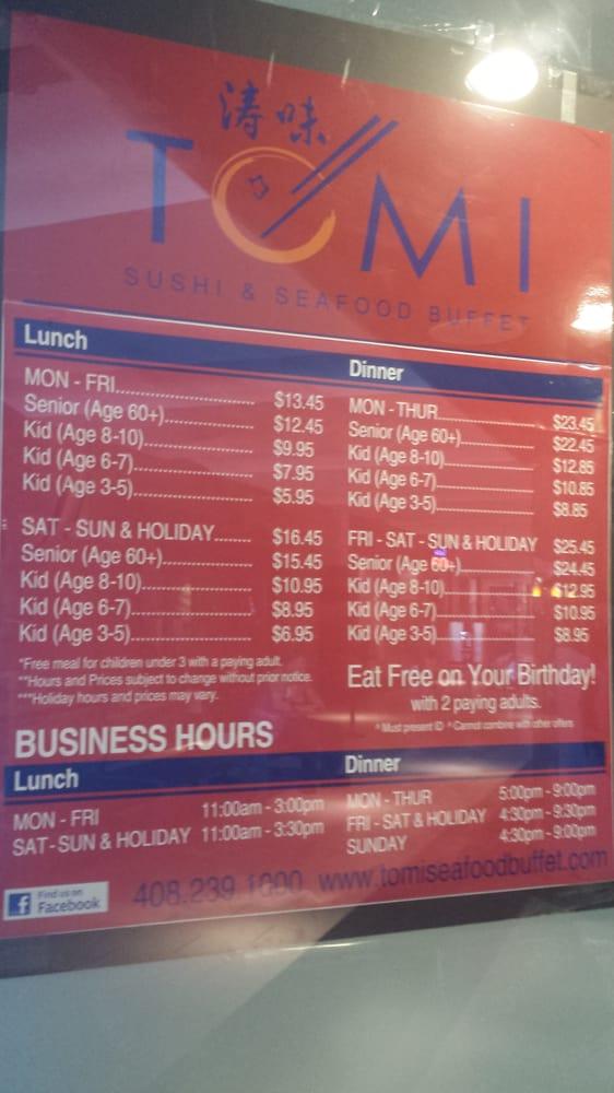 Menu at Tomi Sushi & Seafood Buffet restaurant, San Jose, Eastridge ...