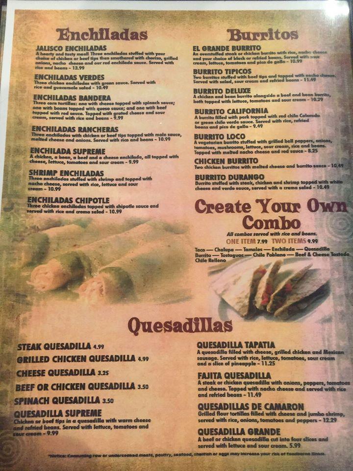 Menu at Tres Amigos restaurant, Monroe