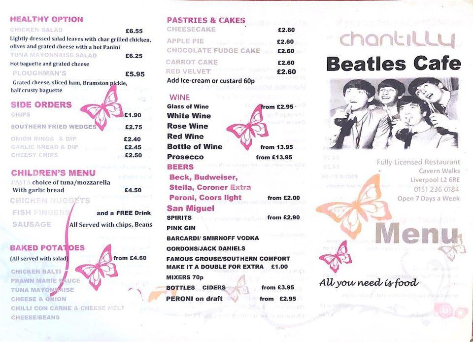 Menu at Chantilly Beatles Cafe, Liverpool