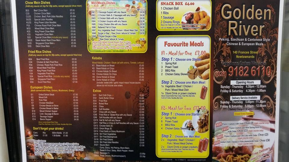 Menu at Golden River fast food, Newtownards