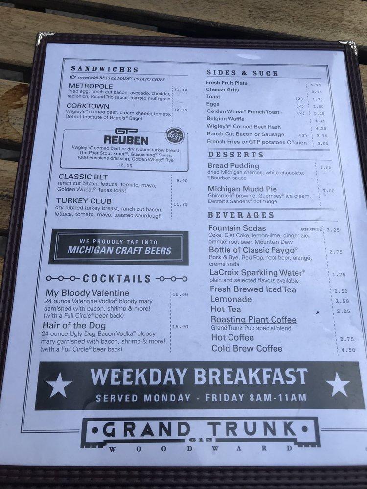 Menu at Grand Trunk Pub, Detroit, 612 Woodward Ave