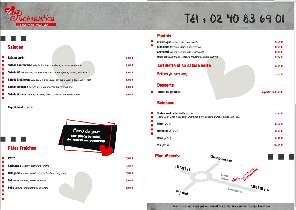 Carta de pizzería La Romantica, Saint-Laurent-des-Autels