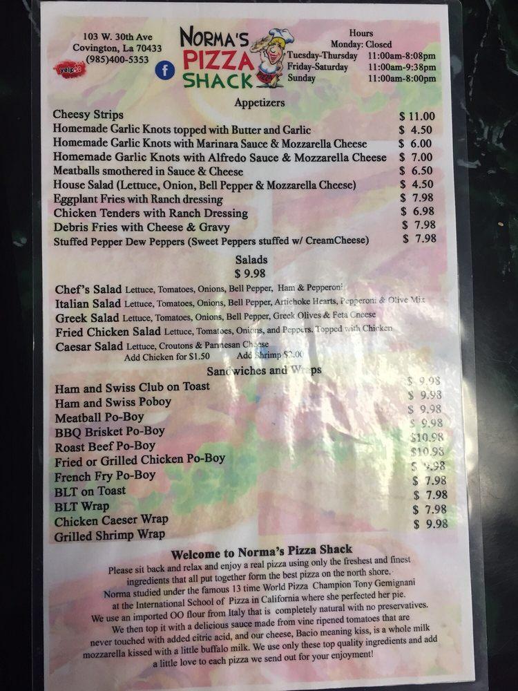 Menu at Norma's Pizza Shack pizzeria, Covington
