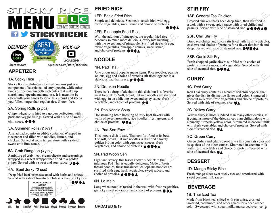 Menu at Sticky Rice, Grand Island, 724 W. 12TH