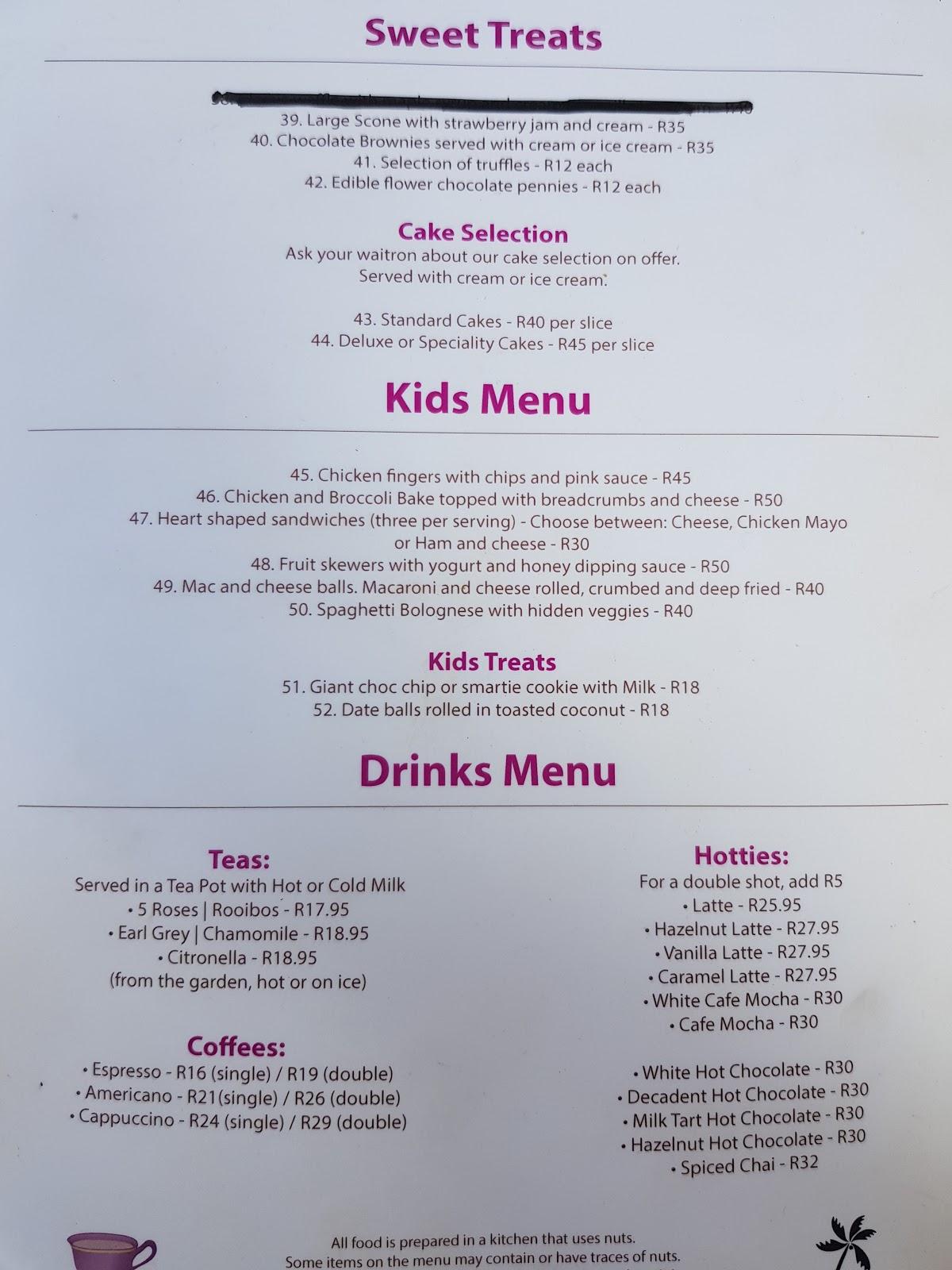 Menu at The Chocolate Garden restaurant, Verulam