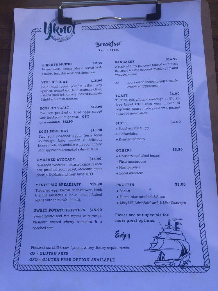 Menu at Y Knot Bistro restaurant, Coffs Harbour