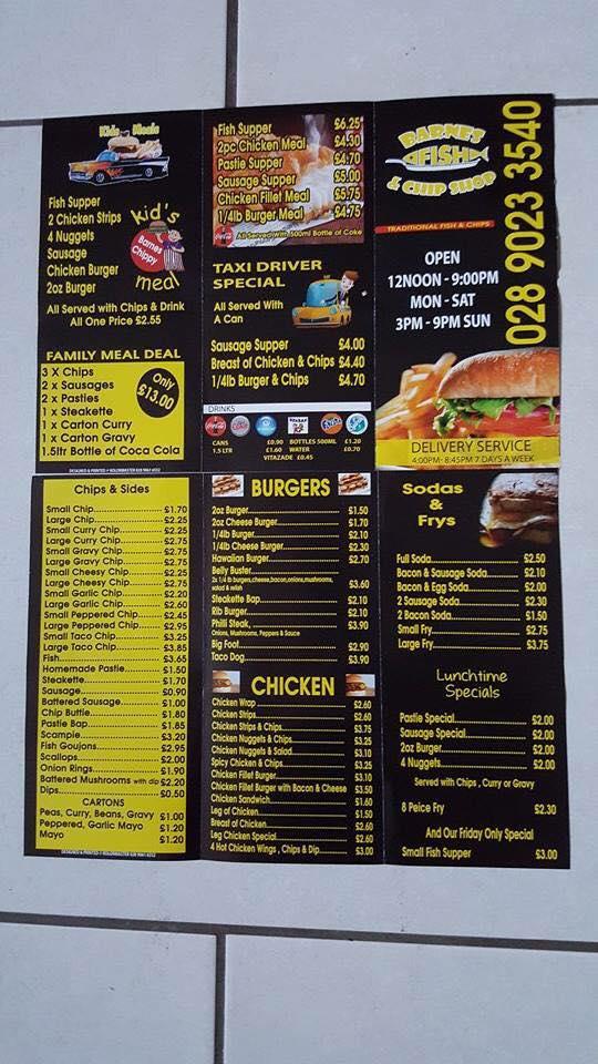 Menu at Barnes Chip Shop, Belfast