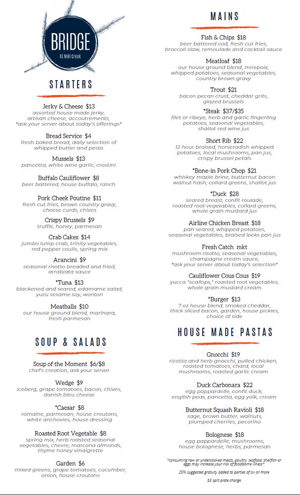 Menu at Bridge at Mill Creek restaurant, Highlands