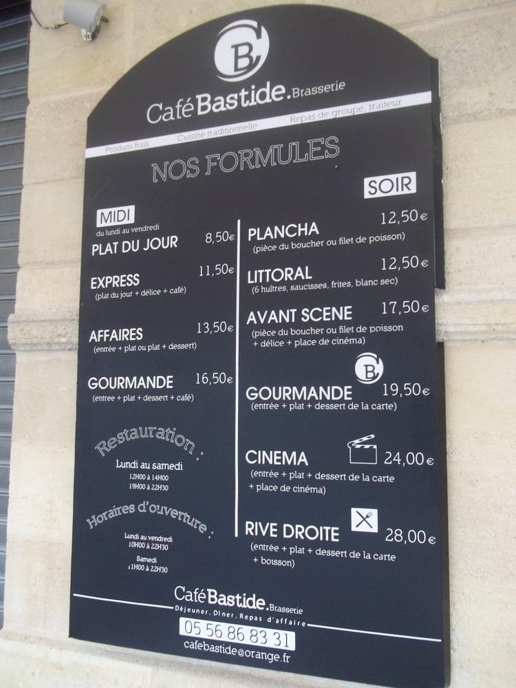 Menu at Café Bastide, Bordeaux, 69 - 71 All. Serr