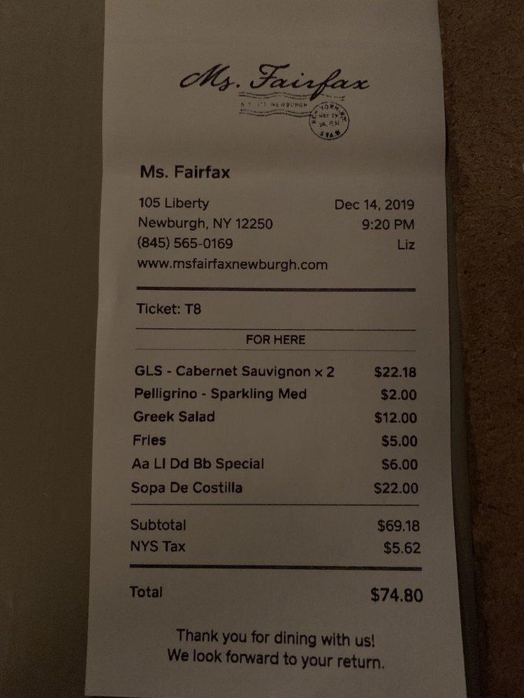 Menu at Ms. Fairfax pub & bar, Newburgh