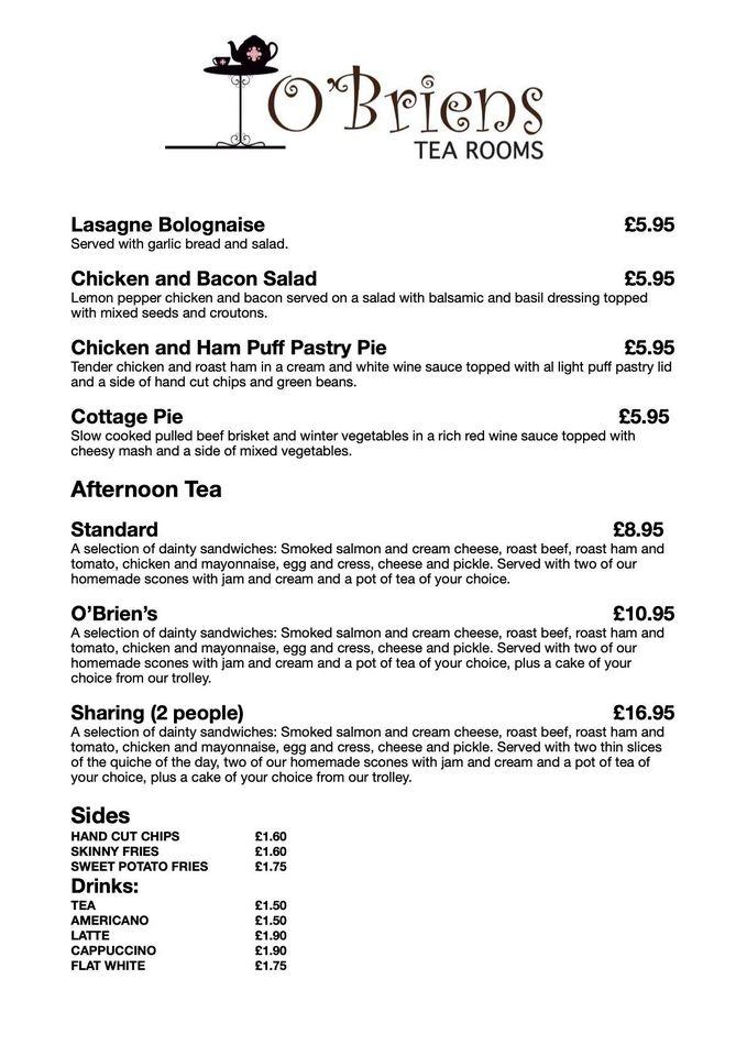 Menu at O'Briens Tea Rooms cafe, Ormskirk