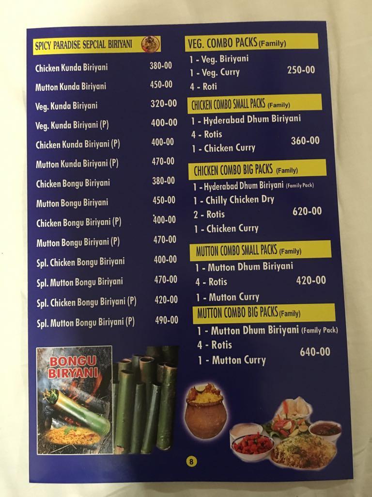 Menu at Spicy Paradise, Tirupati