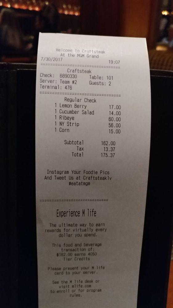 Menu at Tom Colicchio's Craftsteak steakhouse, Las Vegas