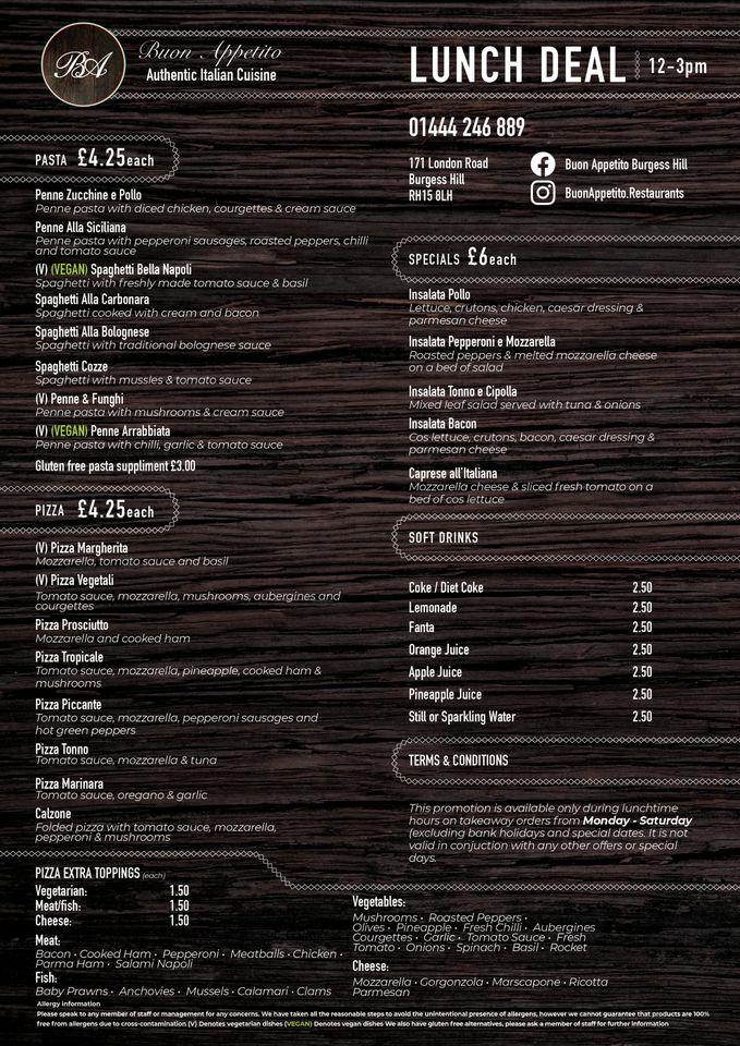 Menu at Buon Appetito Burgess Hill restaurant, Burgess Hill