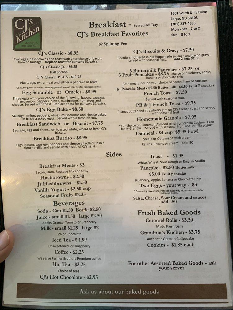 Menu at CJ's Kitchen restaurant, Fargo