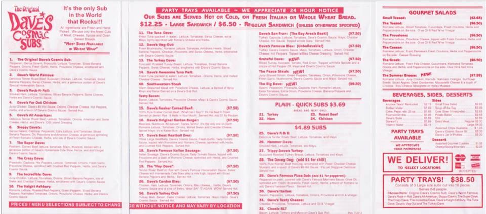 Menu at Dave's Cosmic Subs restaurant, Cleveland, 51 W St Clair Ave