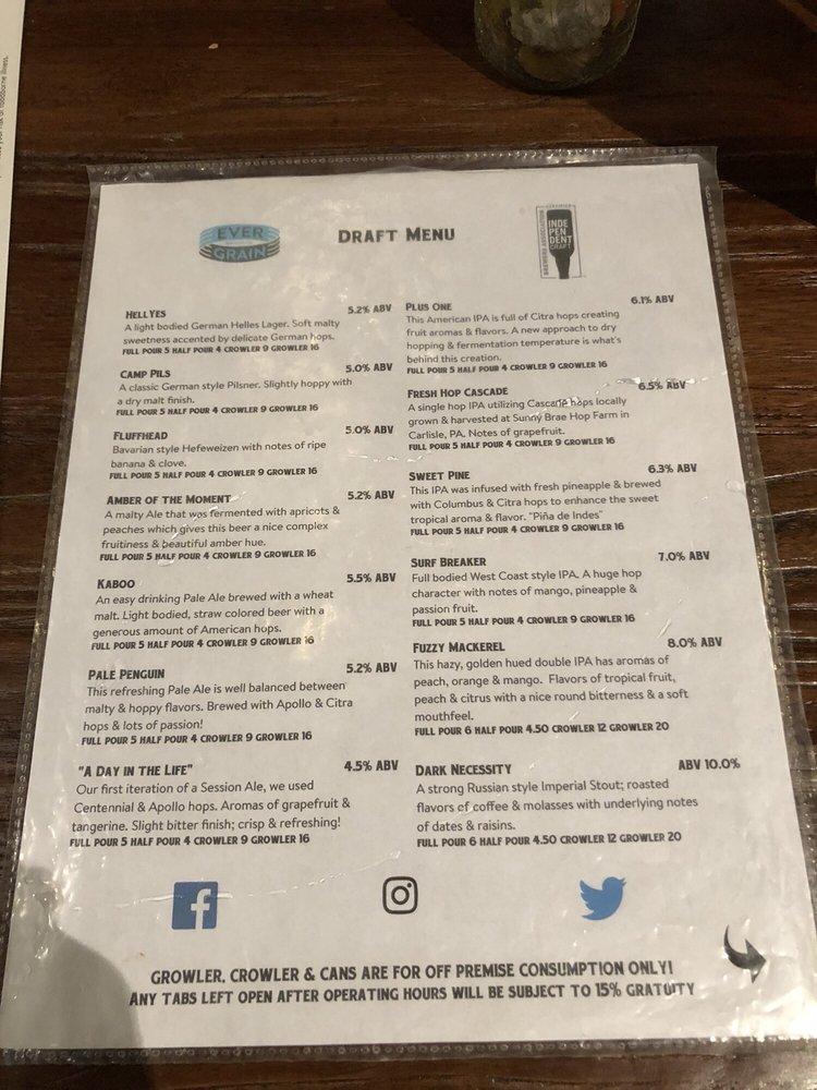 Menu at Ever Grain Brewing pub & bar, Camp Hill