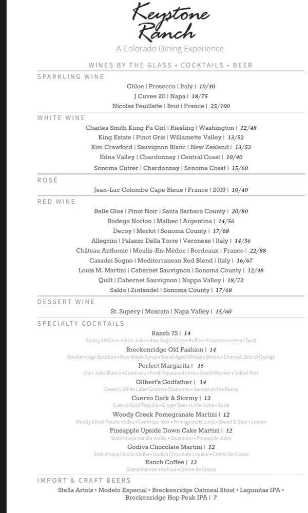 Menu at Keystone Ranch restaurant, Keystone, Co Rd 150