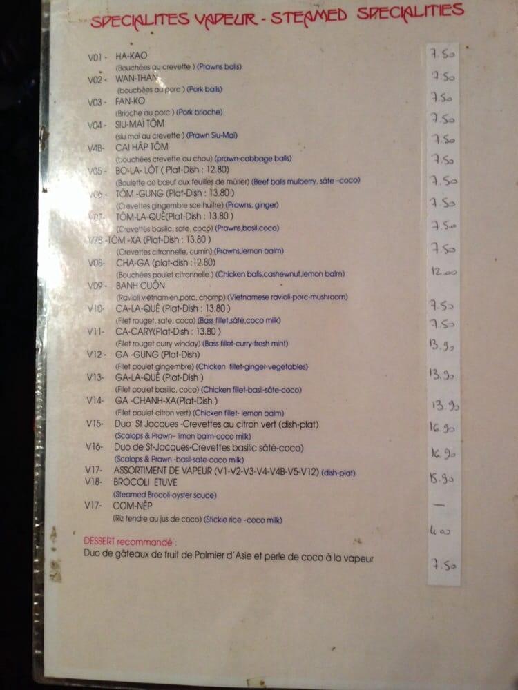 Menu at Le Lotus Blanc restaurant, Paris, 45 Rue de Bourgogne
