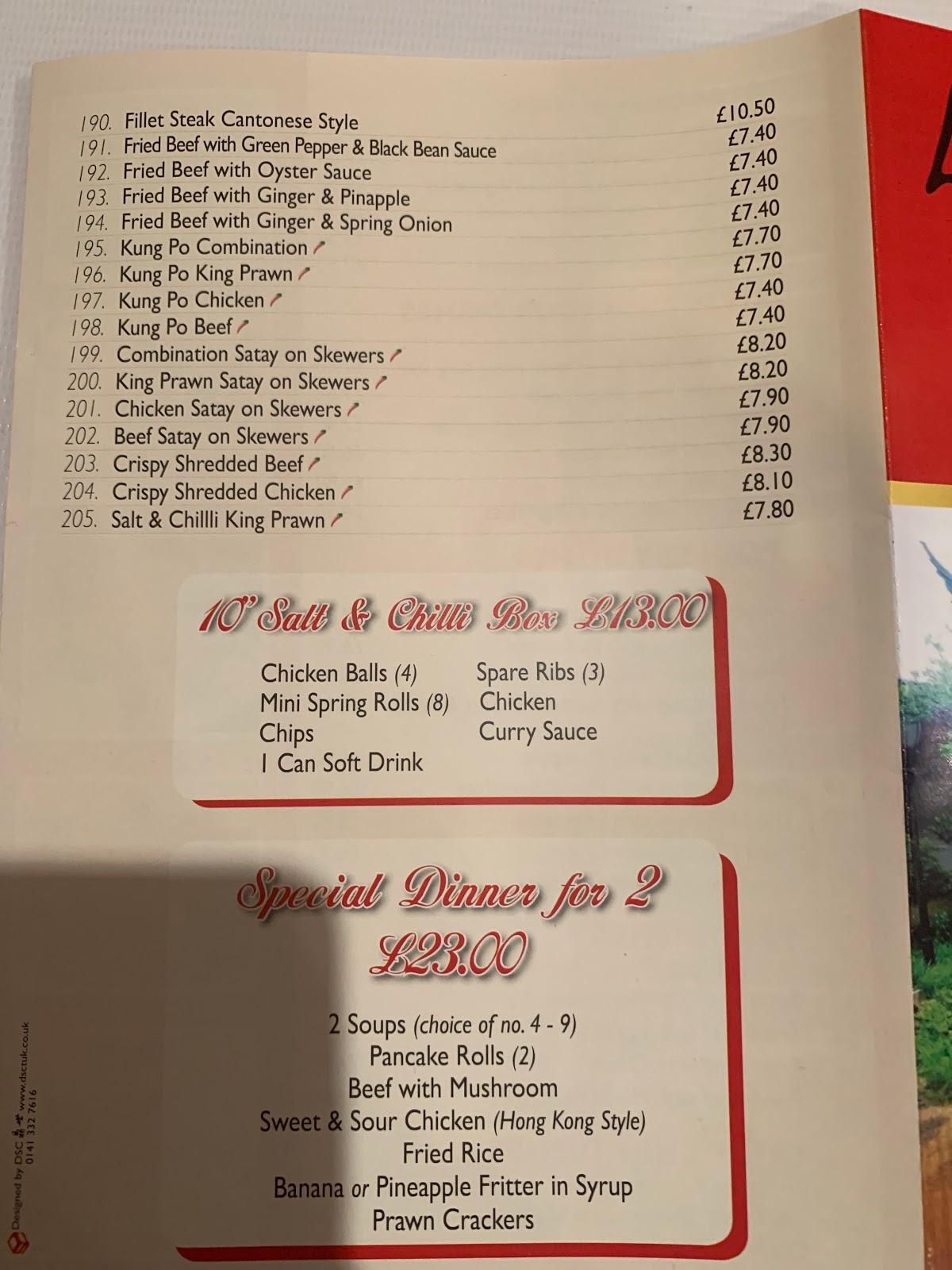 Menu at Lee Palace restaurant, Glasgow