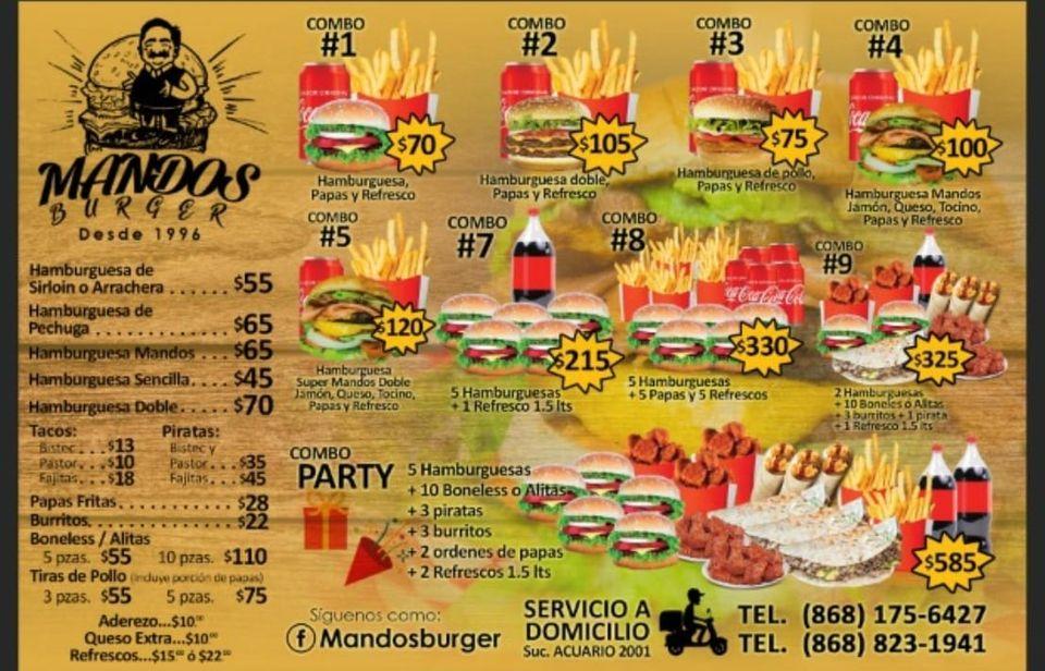 Menu at Mandos burger restaurant, Matamoros