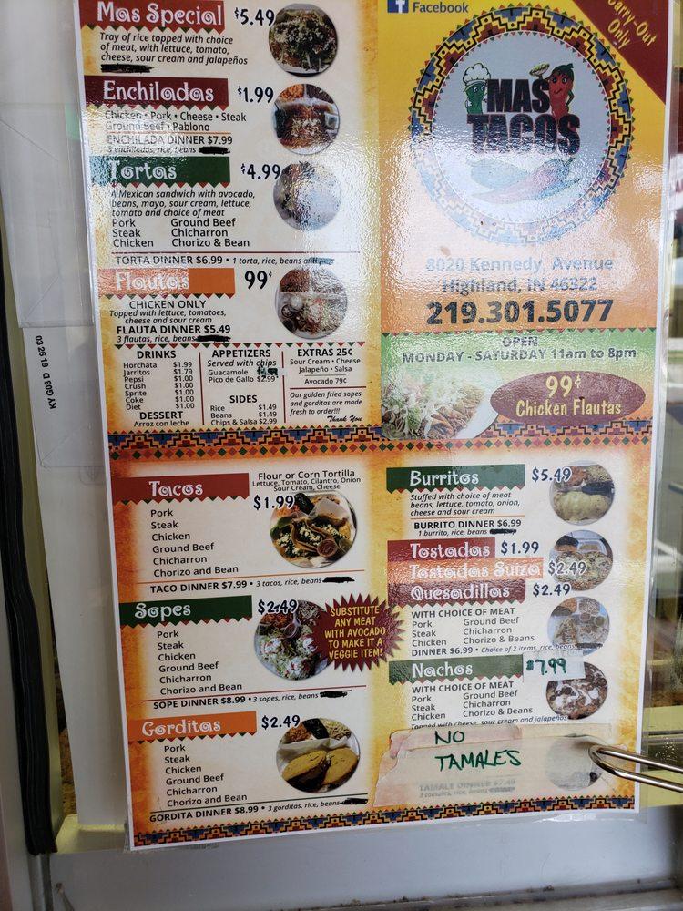 Menu at Mas Tacos restaurant, Highland