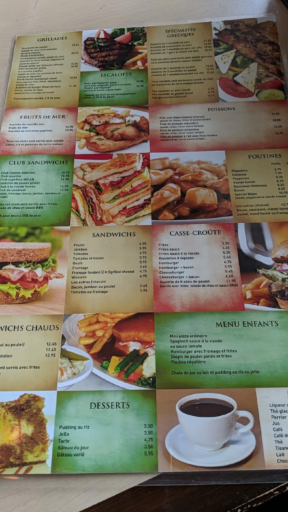 Menu au Milan Pizzeria, Longueuil
