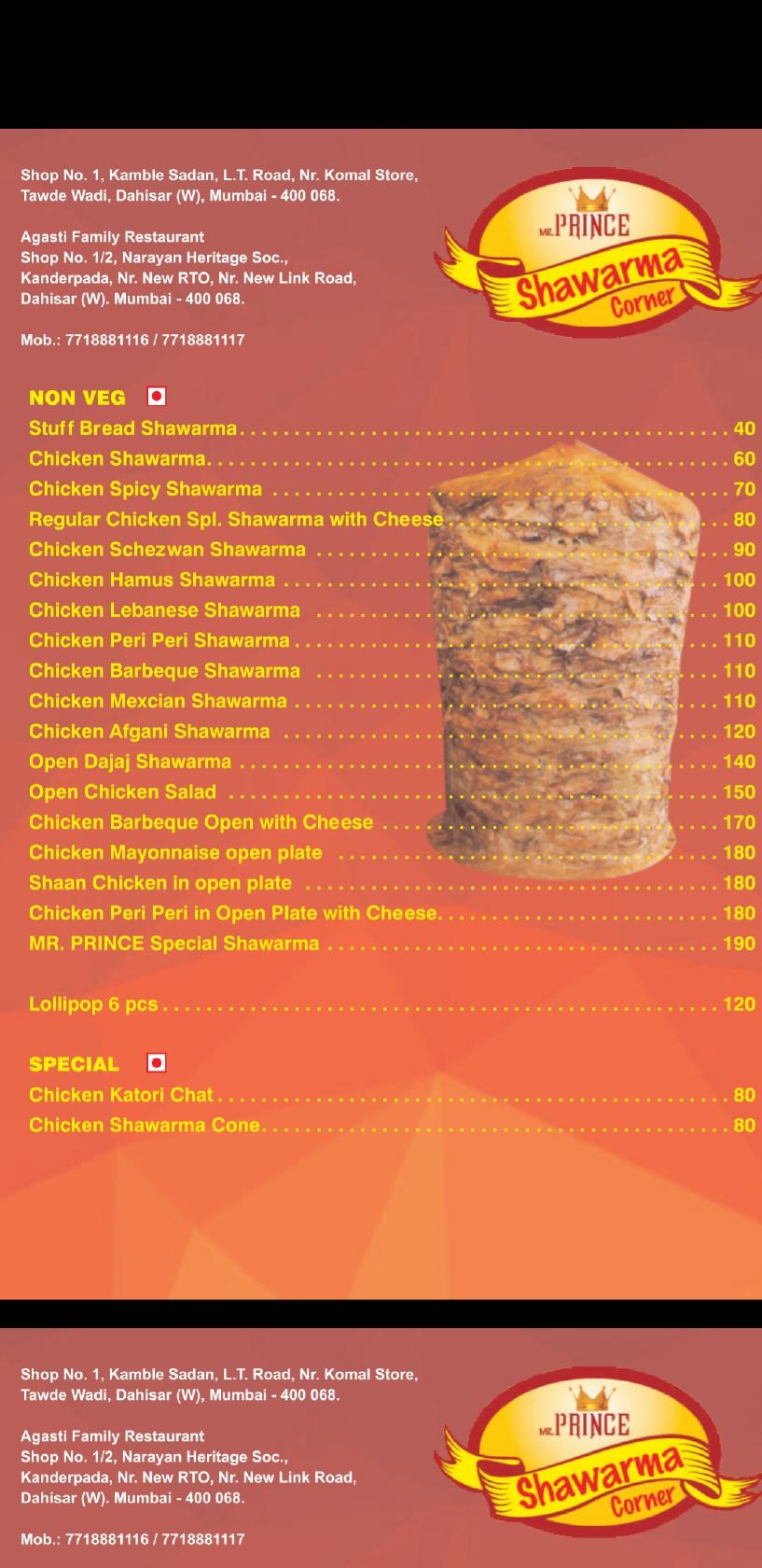 Menu at Mr.Prince Shawarma Corner, Mumbai