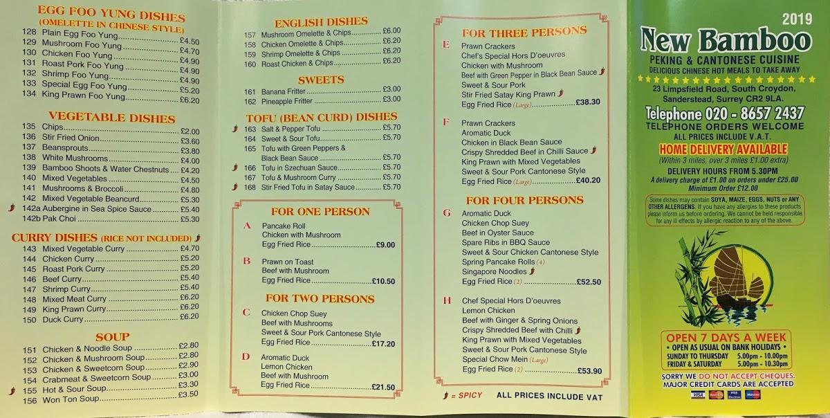 Menu at New Bamboo fast food, South Croydon, 23 Limpsfield Rd