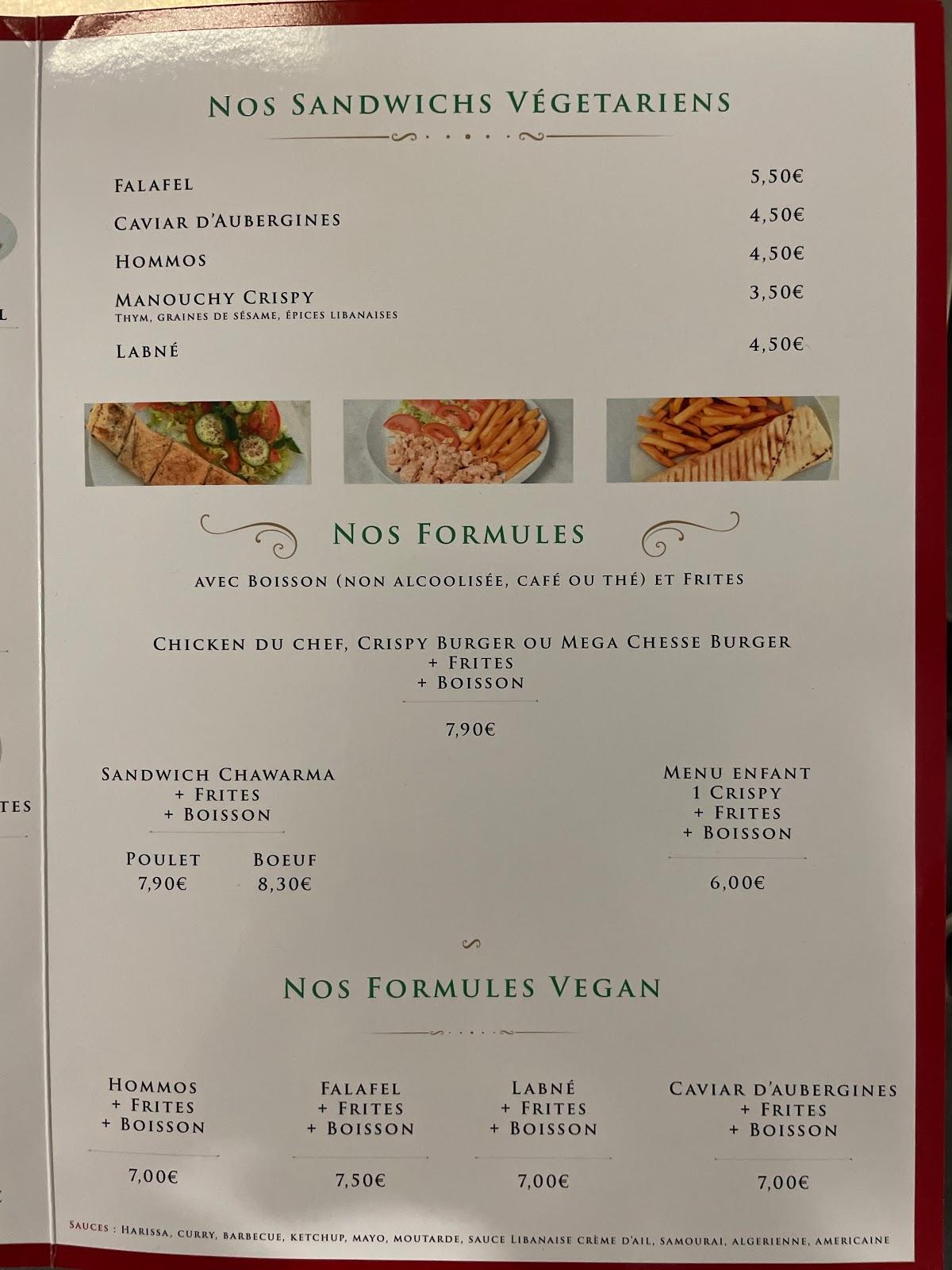Menu au O'Liban restaurant, Le Havre