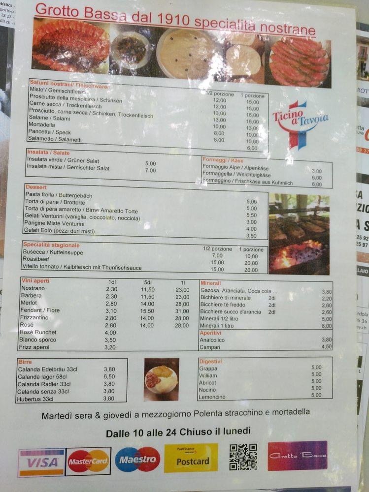 Menu da Grotto Bassa, Lumino