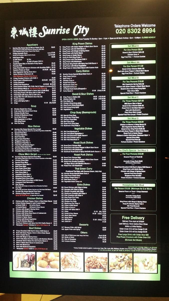 Menu at Sunrise City fast food, Sidcup