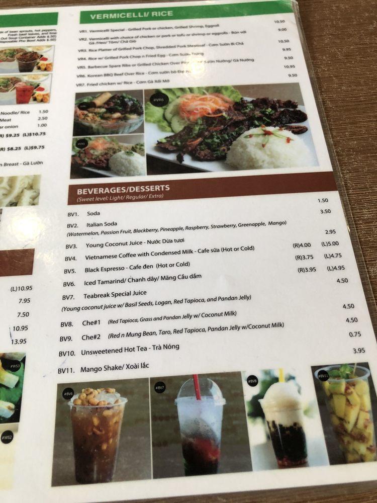 Menu at Teabreak Pho & Boba Sterling pub & bar, Sterling
