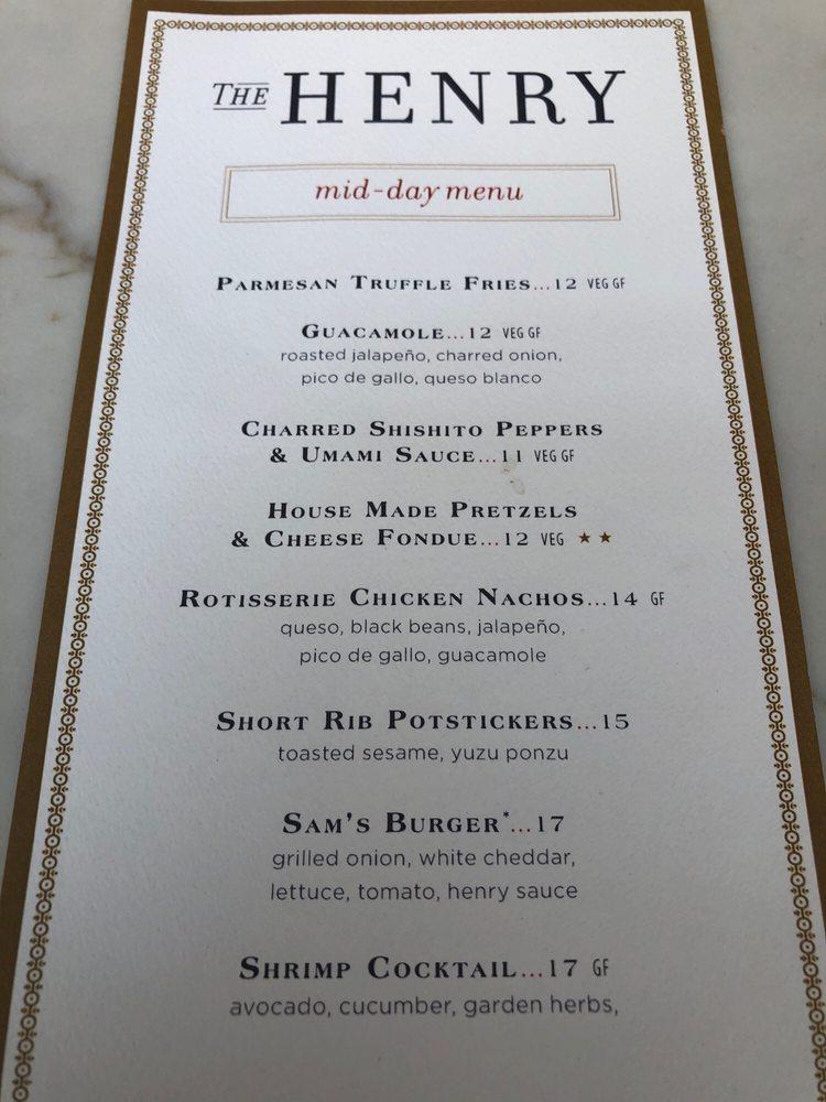 Menu at The Henry restaurant, Coronado