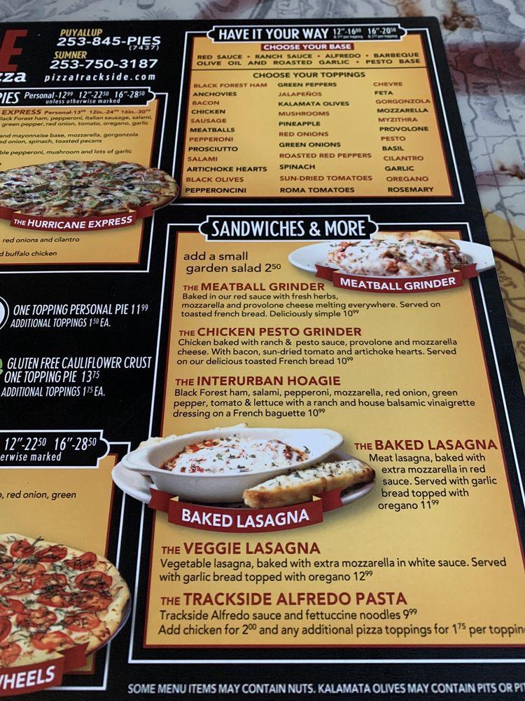 Menu at Trackside Pizza pizzeria, Sumner