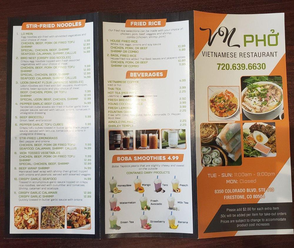 Menu at VN Phở restaurant, Firestone
