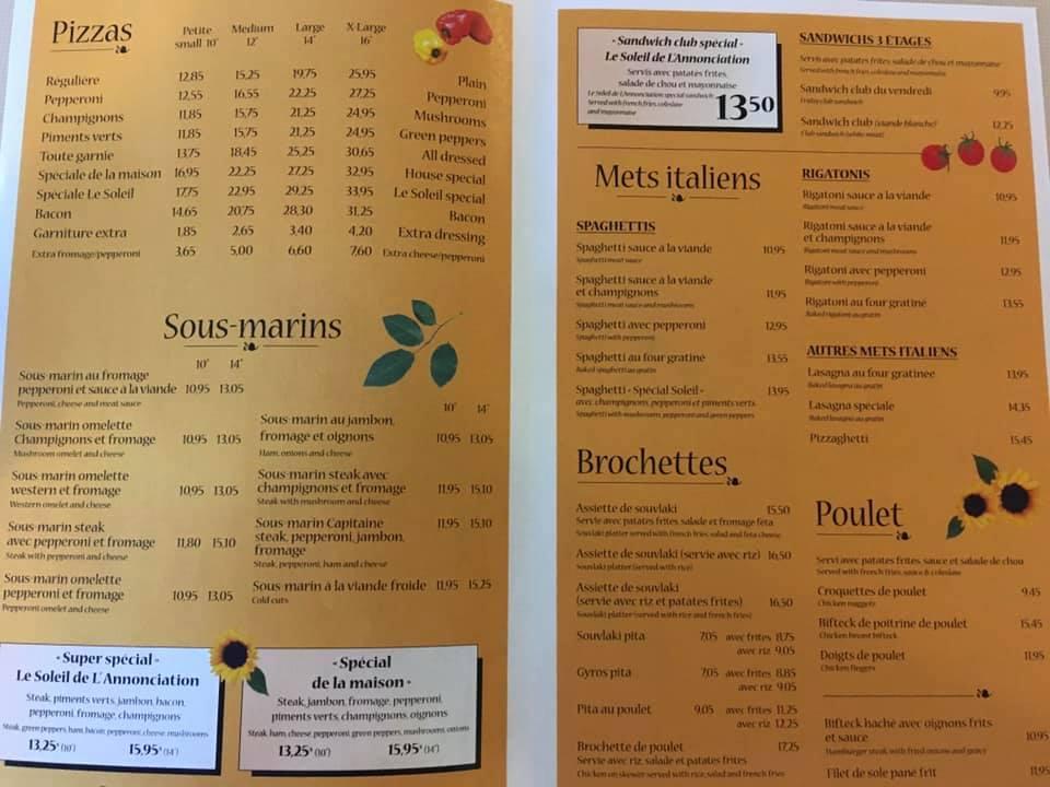 Menu at Le soleil Restaurant, Canada