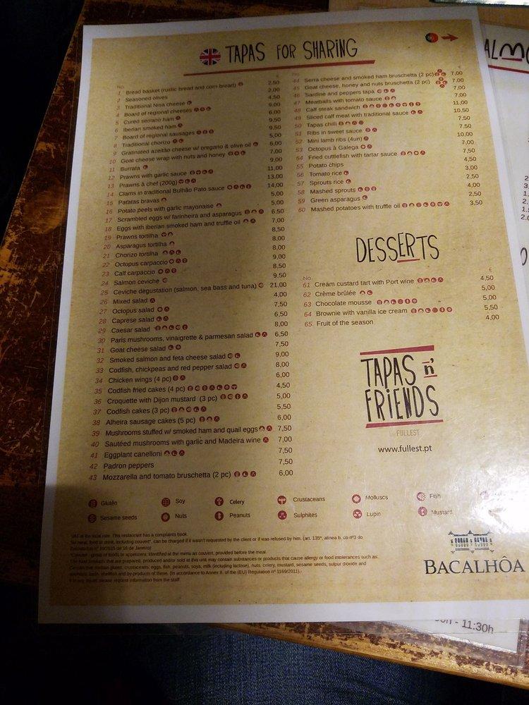 Menu at Tapas n´Friends Chiado pub & bar, Lisbon