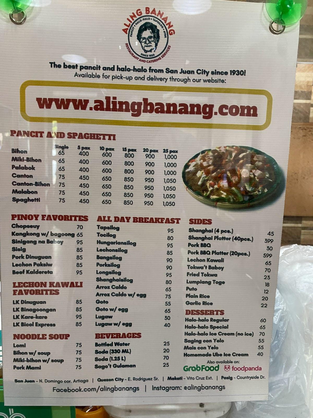 Menu at Aling Banang's E. Rodriguez restaurant, Quezon City, 284 Doña ...