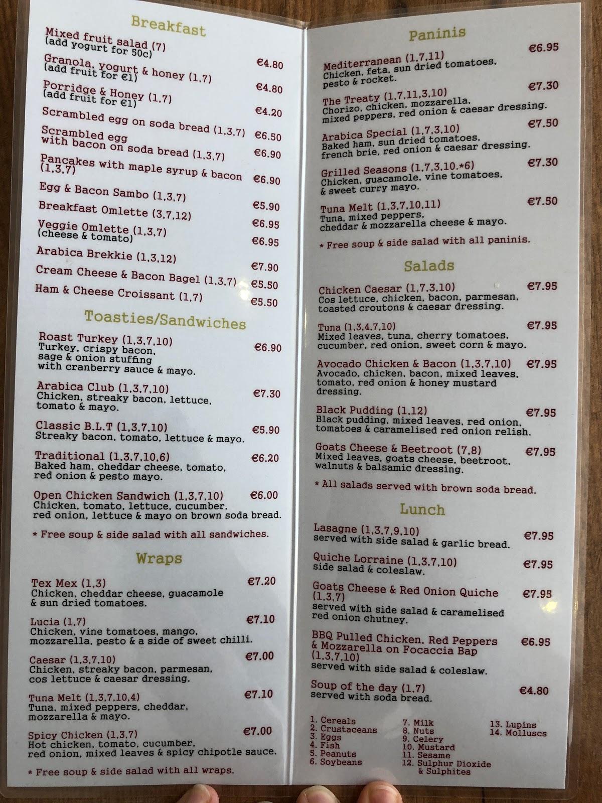 Menu at Arabica Coffee Co. cafe, Limerick