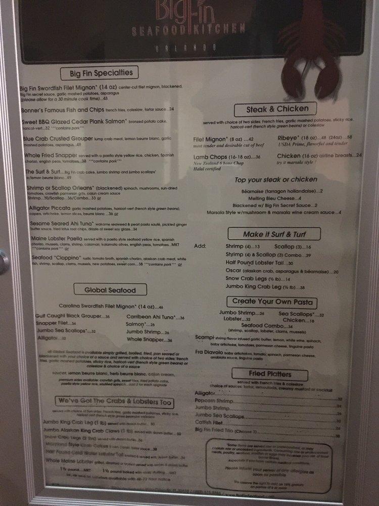 Menu at BigFin Seafood restaurant, Orlando
