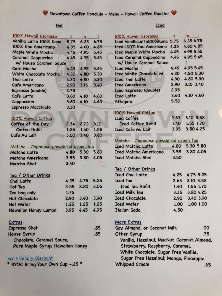 Menu at Downtown Coffee Honolulu cafe, Honolulu, 900 Fort Street Mall