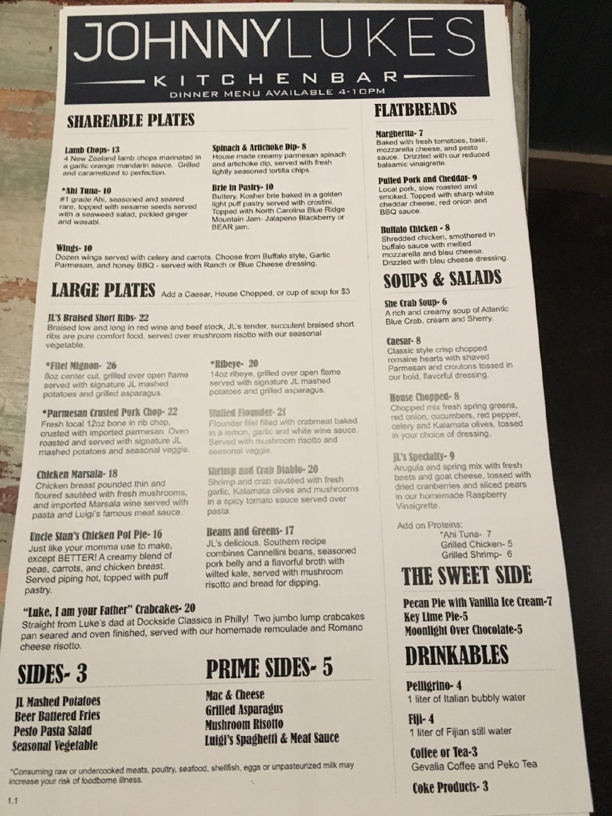Menu at JohnnyLukes pub & bar, Wilmington