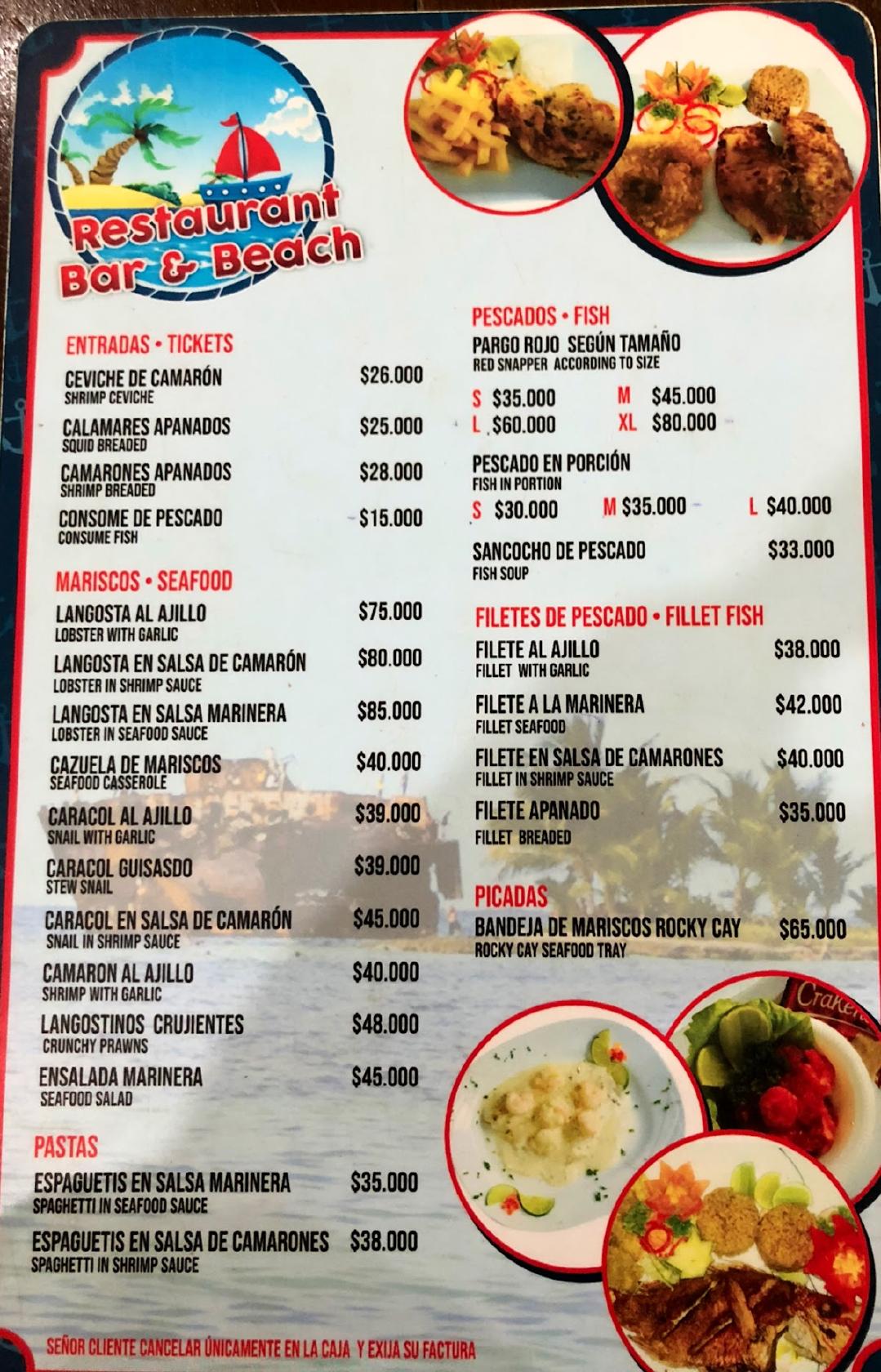Menu at Rocky Cay Restaurant Bar & Beach, San Andrés