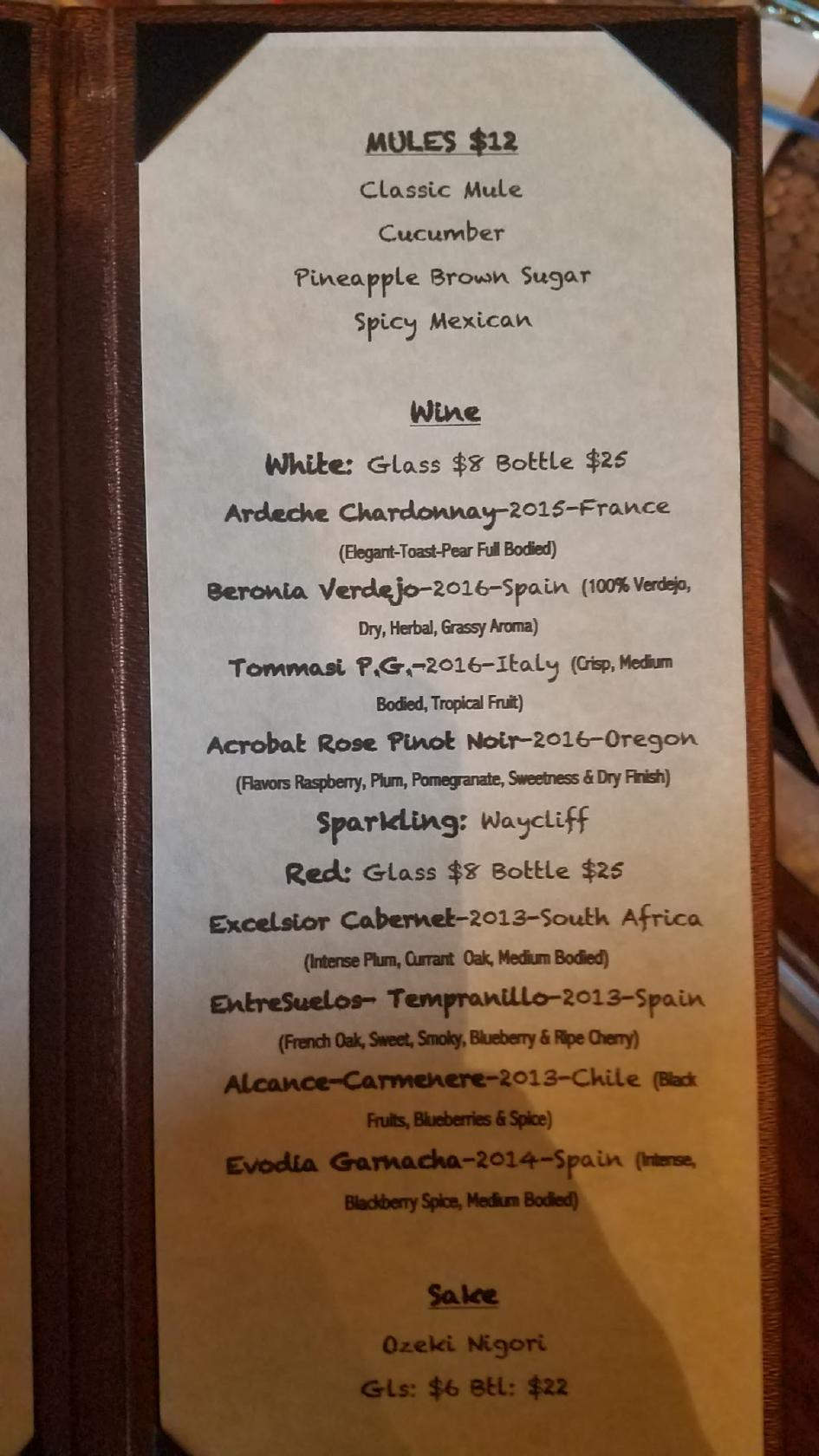 Menu at Ruin Bar, Costa Mesa
