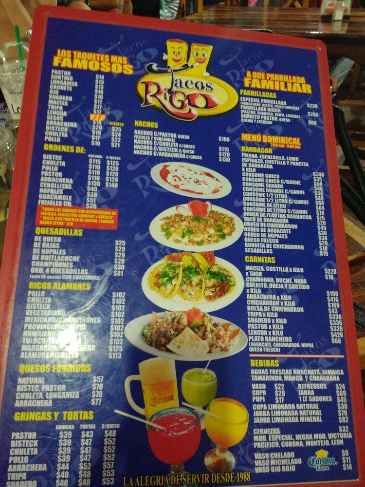 Carta del restaurante Tacos Rigo, Cancún, Playa 50 ‎ Cancun Centro Off ...