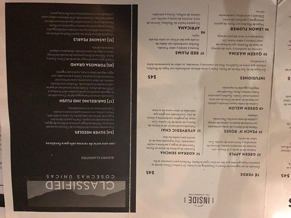 Carta de cafetería Tea Connection, Ciudad de México, Av México 123